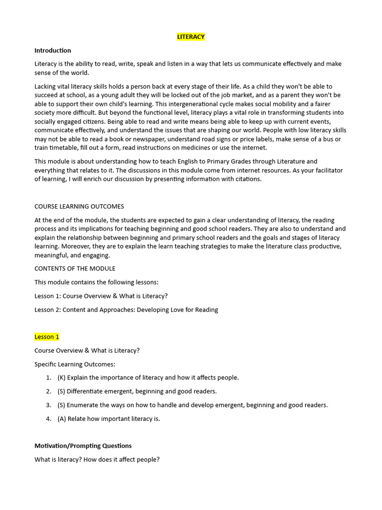 Lesson1 Literacy | PDF | Literacy | Reading Comprehension