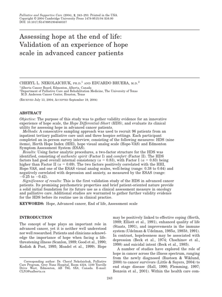 Assessing Hope at The End of Life Validation of An Experience of Hope ...