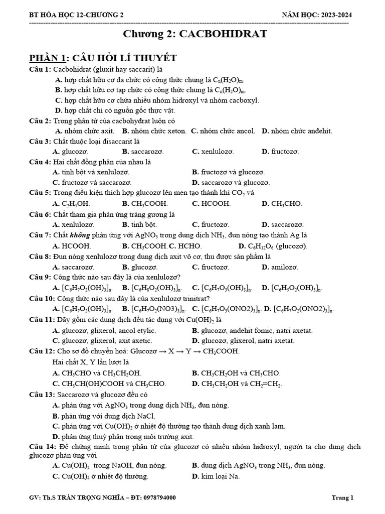 BT Chương 2-Cacbohidrat (DT) | PDF