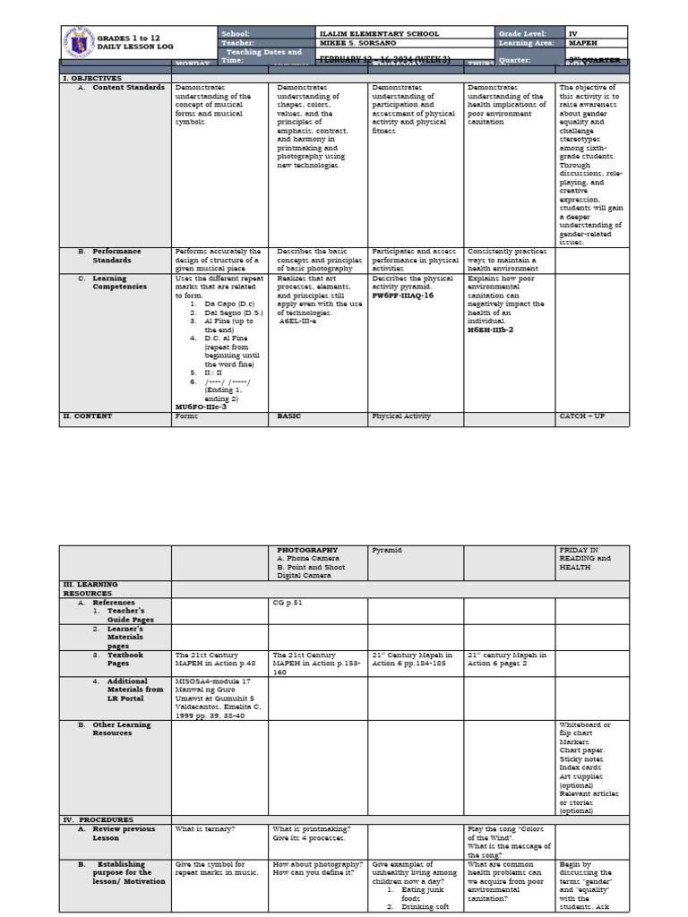 DLL Mapeh-6 Q3 W3 | PDF | Learning | Stereotypes