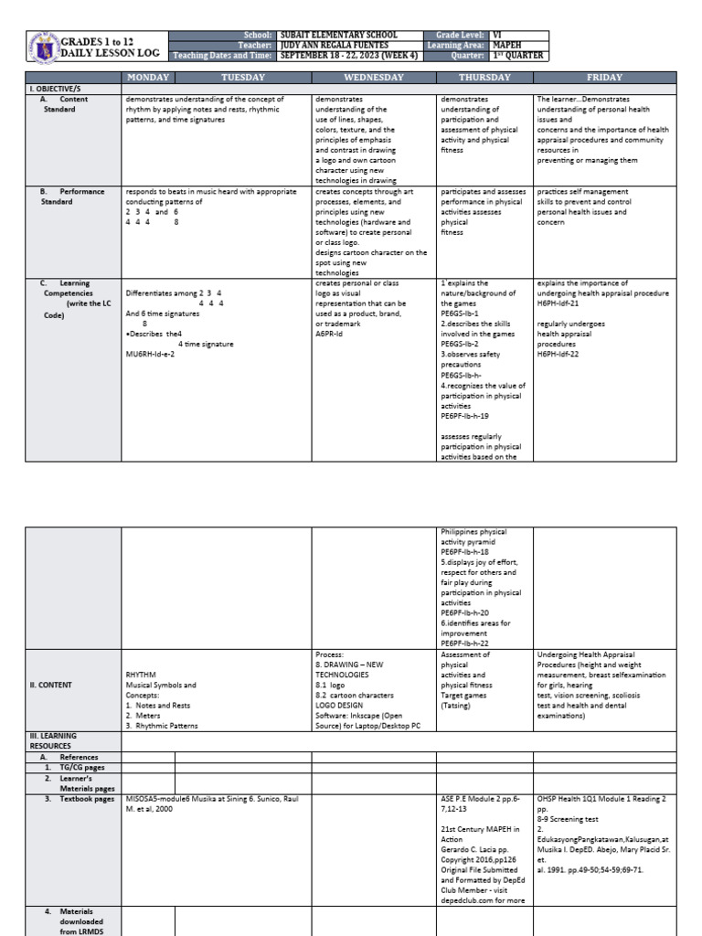 DLL - Mapeh 6 - Q1 - W4 | PDF | Learning | Rhythm