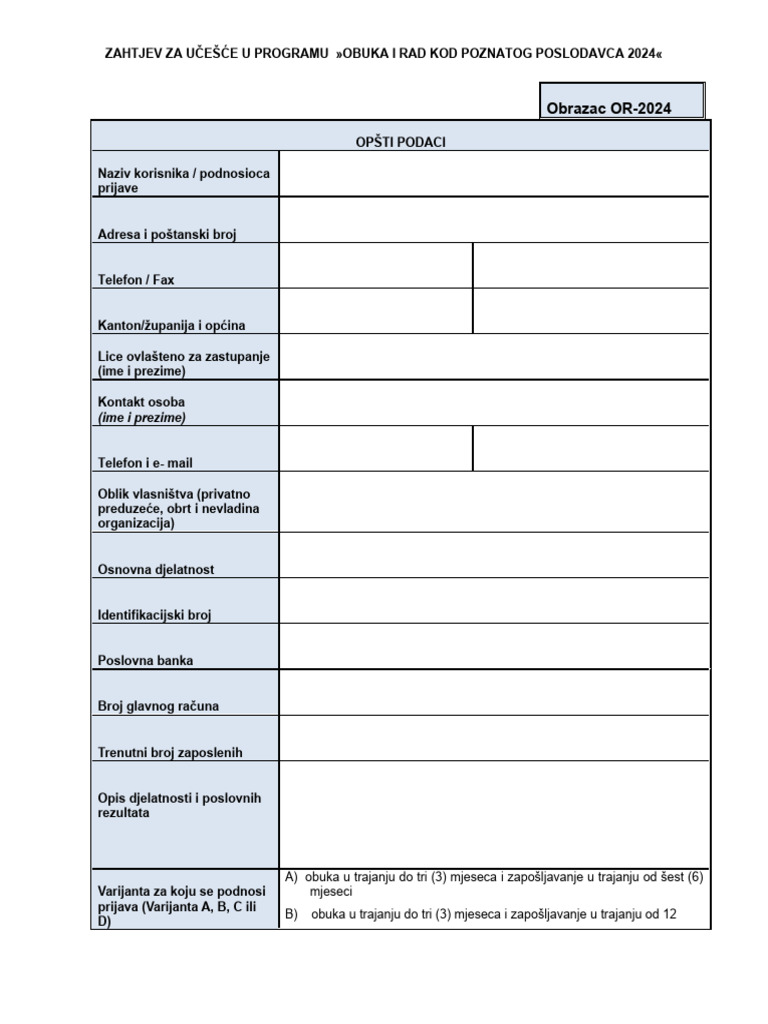 Zahtjev Za Učešće U Programu Obuka I Rad Kod Poznatog Poslodavca ...