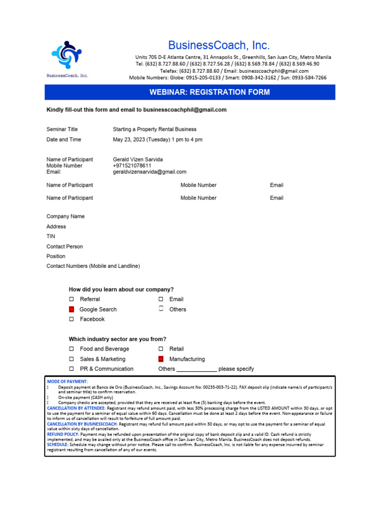 Online Seminar Registration Form | PDF | Service Industries | Economies