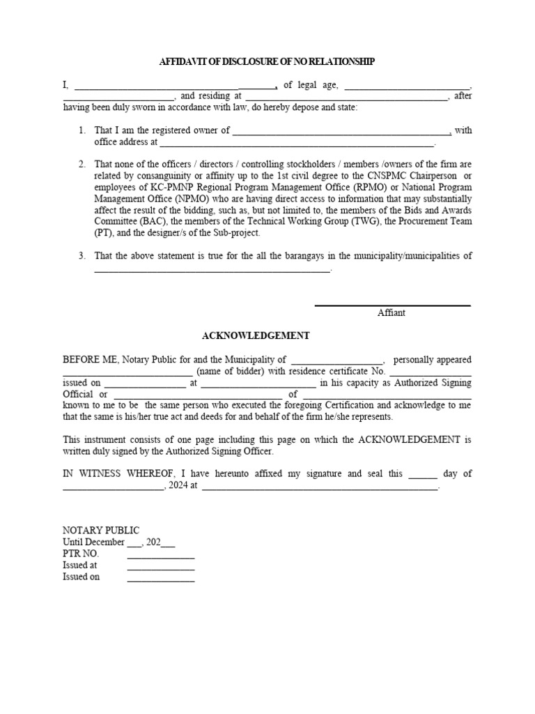 Disclosure of No Relationship Affidavit | PDF | Affidavit | Civil Law ...