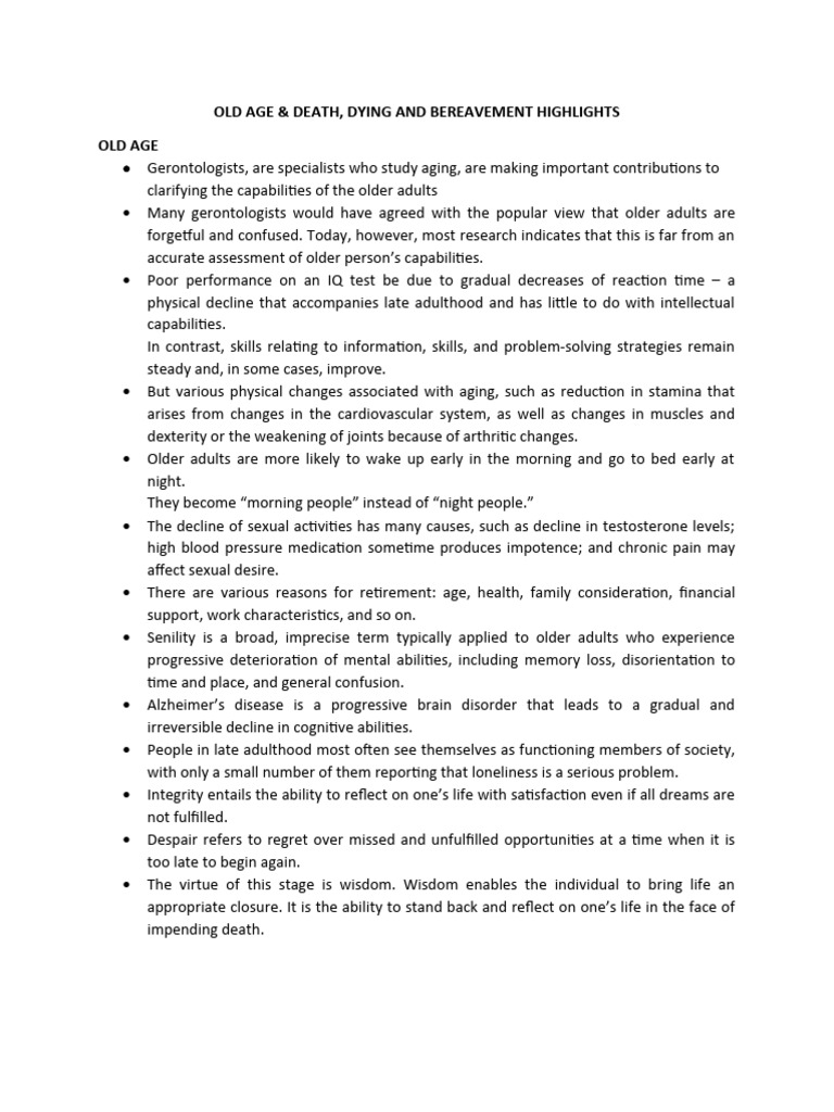 Old Age & Death, Dying, Bereavement Highlights | PDF | Death | Grief