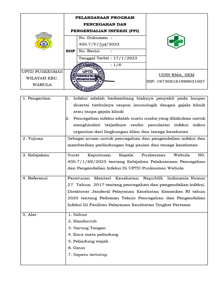 5.5.1.1 Sop - Pelaksanaan Program Pencegahan Dan Pengendalian Infeksi (Ppi) | PDF