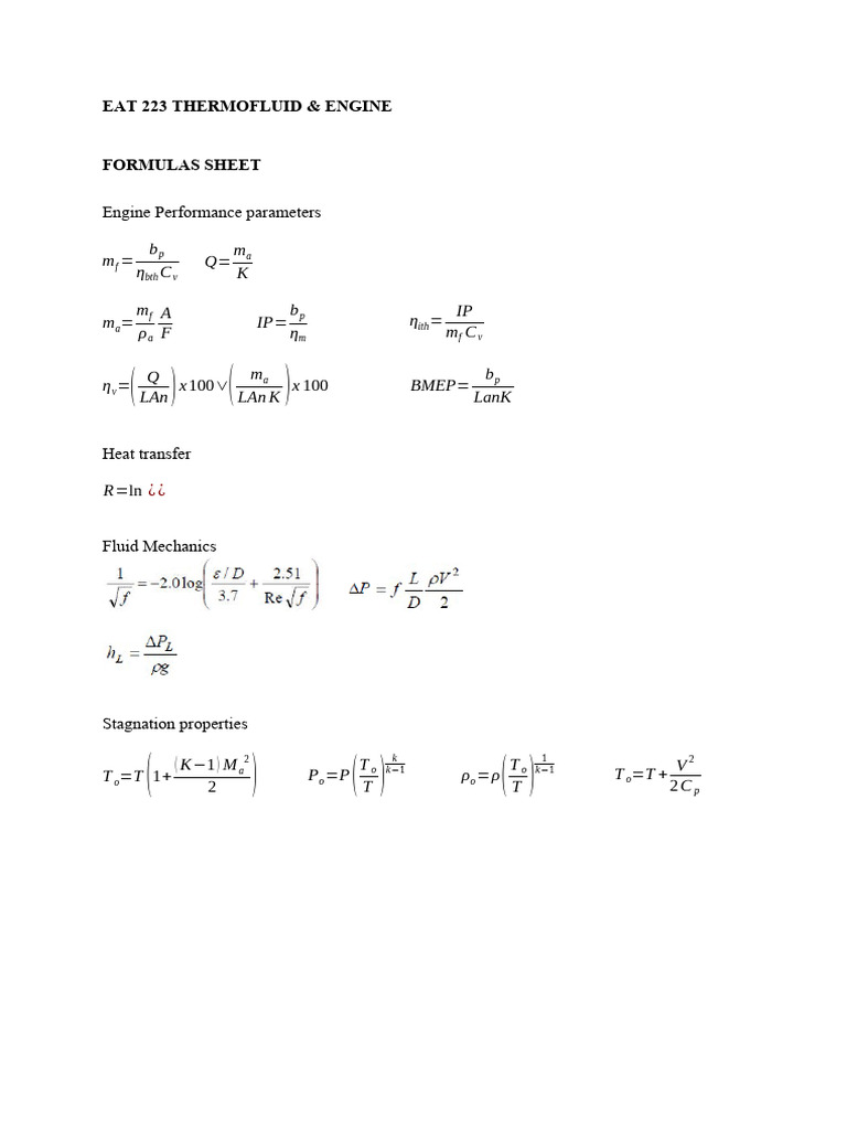 Thermofluid & Engine Formulas Guide | PDF