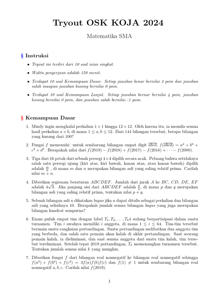 Tryout Matematika SMA 2024 | PDF