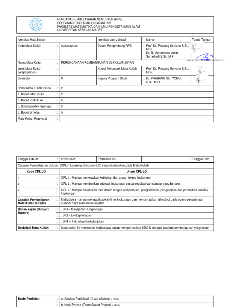 Perencanaan Pembangunan Berkelanjutan RPS UNS | PDF