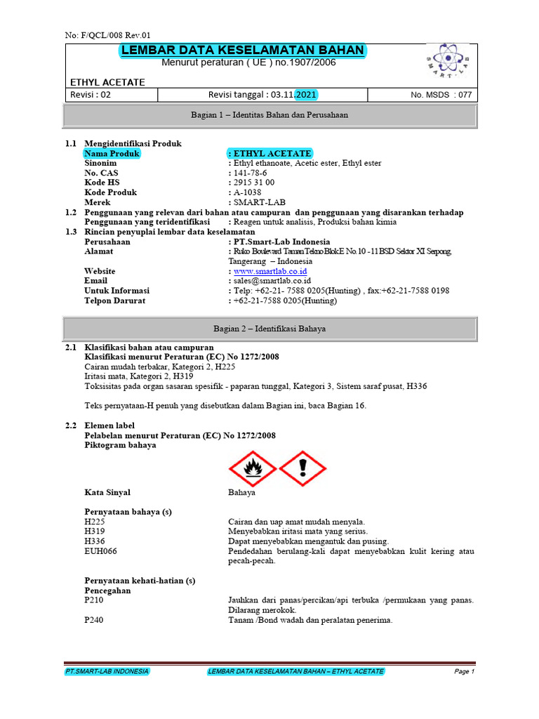 MSDS Etil Asetat - PT Smart-Lab | PDF | Kesehatan Holistik | Sains ...