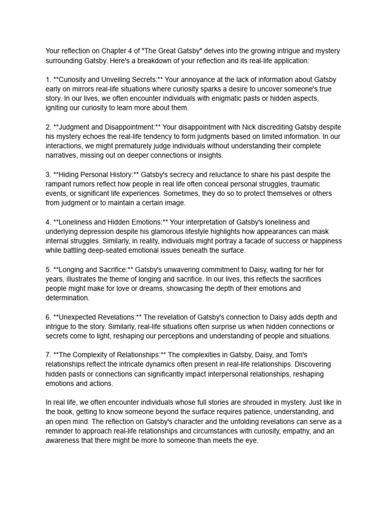 Reflection On Chapter 4 of - The Great Gatsby | PDF | The Great Gatsby ...