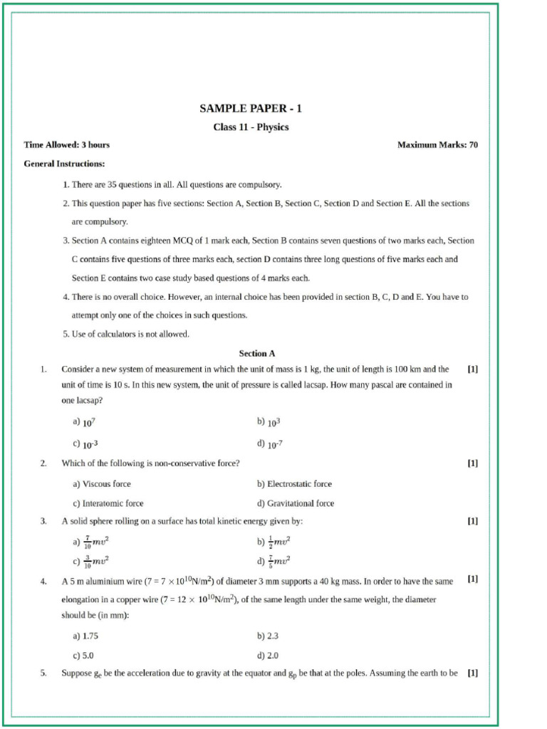Sample Paper For Class 11 Phy | PDF