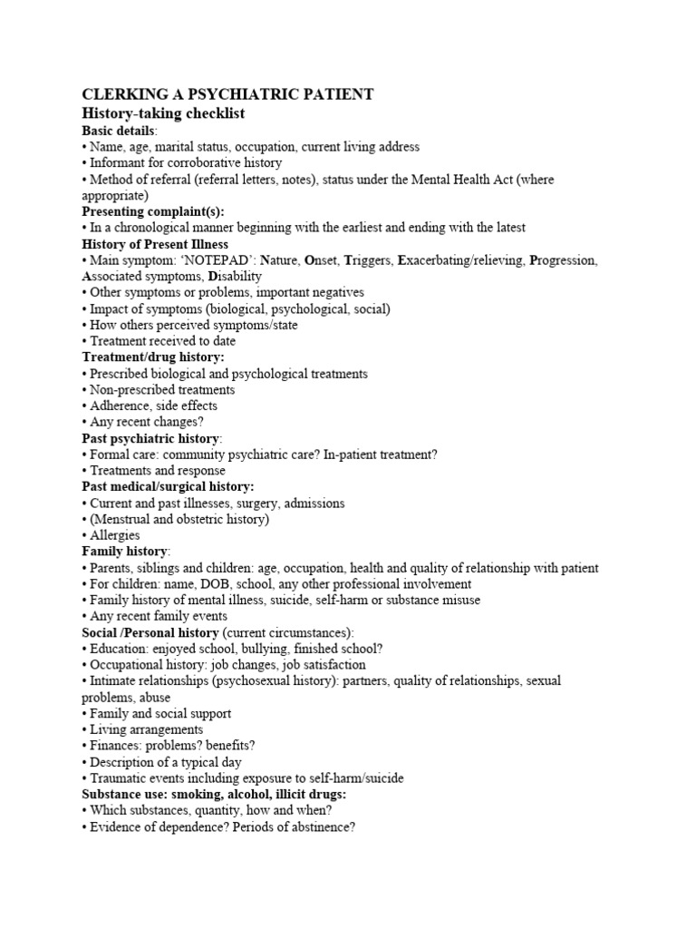 Clerking A Psychiatric Patient - Checklist | PDF