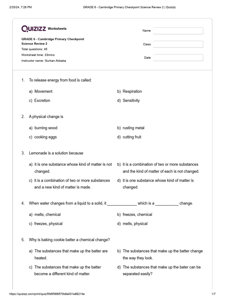 GRADE 6 - Cambridge Primary Checkpoint Science Review 2 - Quizizz | PDF ...