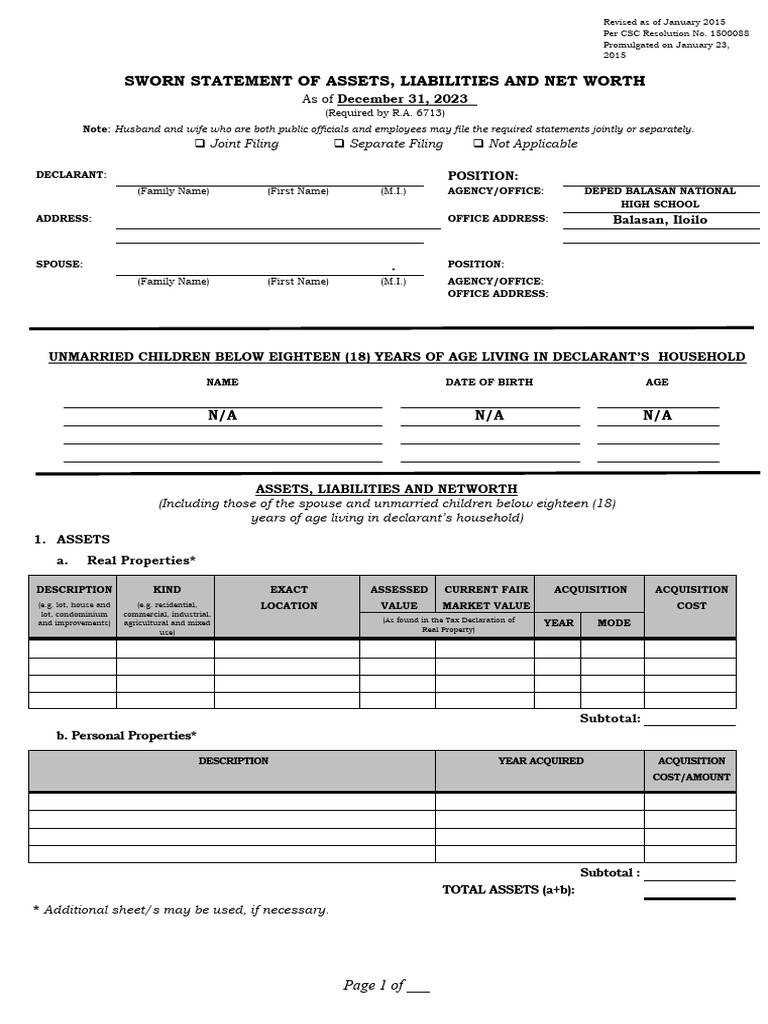 Saln 2023 | PDF | Net Worth | Private Law