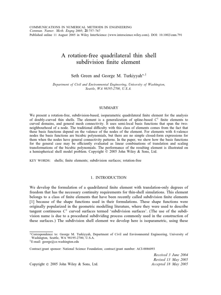 A Rotation-Free Quadrilateral Thin Shell Subdivision Finite Element | Download Free PDF ...