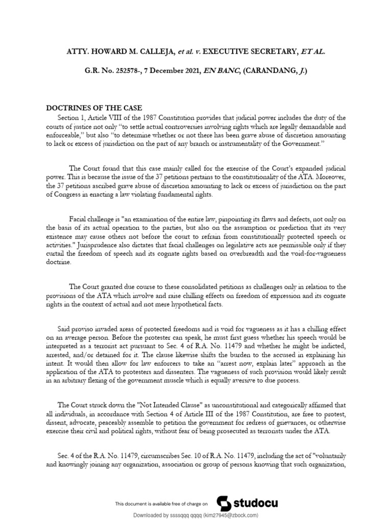 Calleja Vs Executive Secretary Digest | PDF | Detention (Imprisonment) | Statutory Interpretation