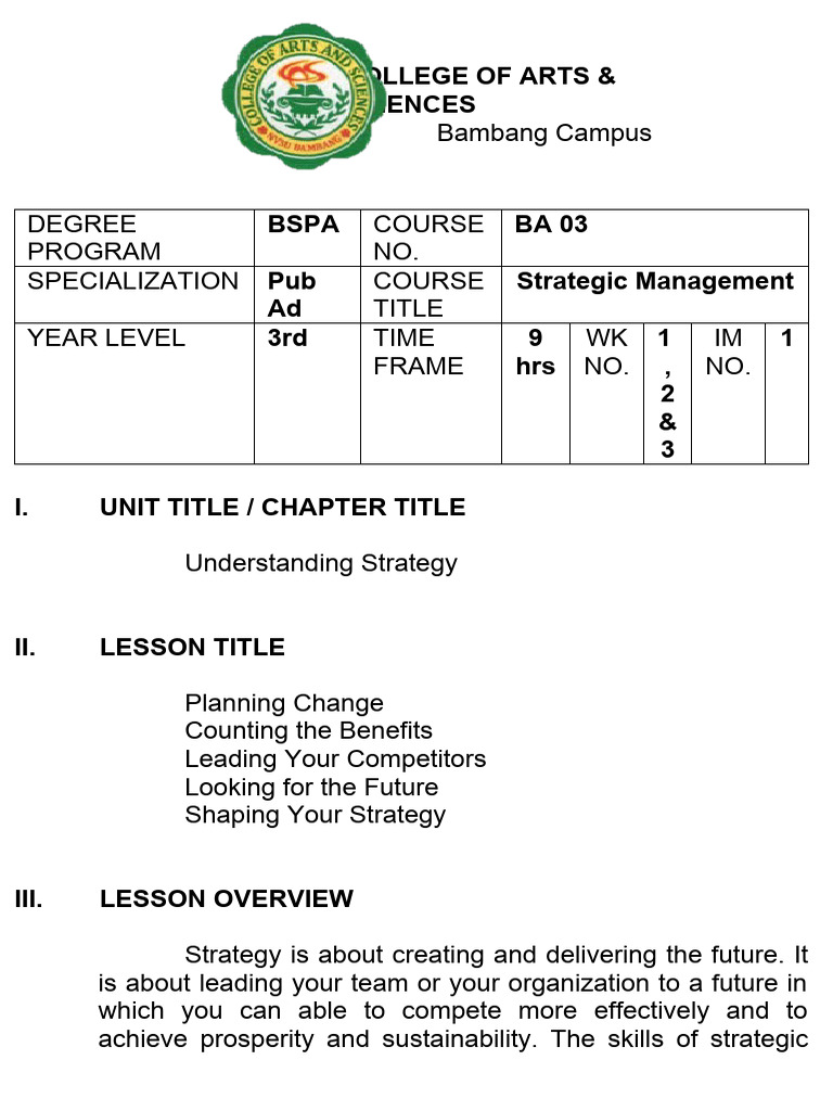 Strategic Management in BSPA Course | PDF | Business | Finance & Money ...