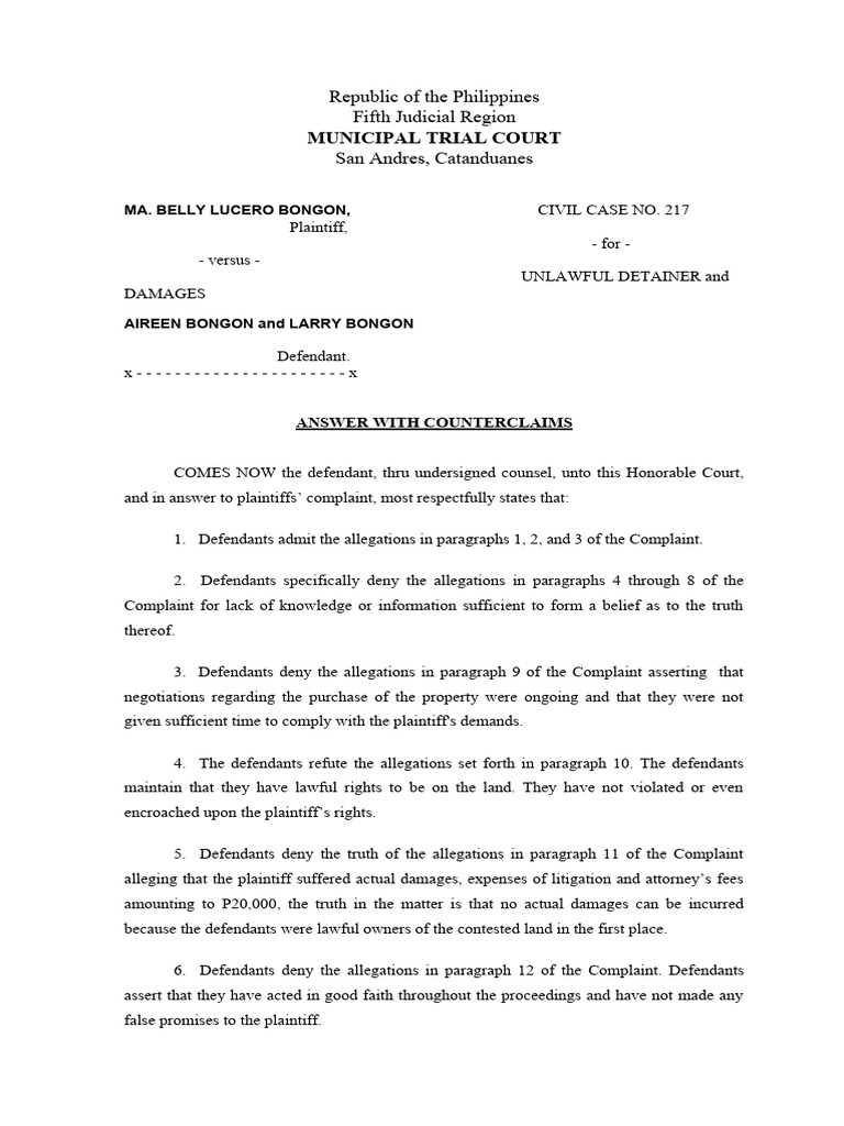 Answer of Group 1 | PDF | Lawsuit | Complaint