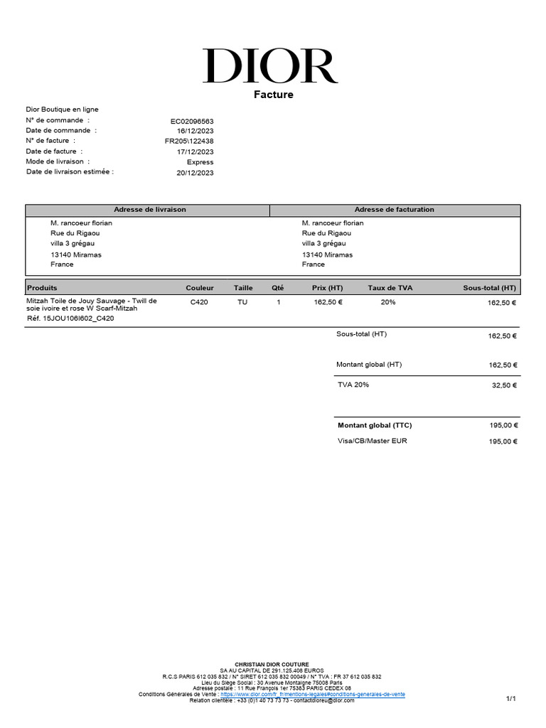 Dior Invoice 1b968dde 9ebe 4fc4 982e 9fa4eedb055d Invoice | PDF