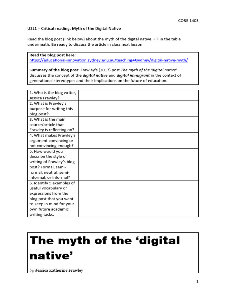 U2L1 - Read An Academic Blog Post - Myth of The Digital Native | PDF | Learning Styles | Learning