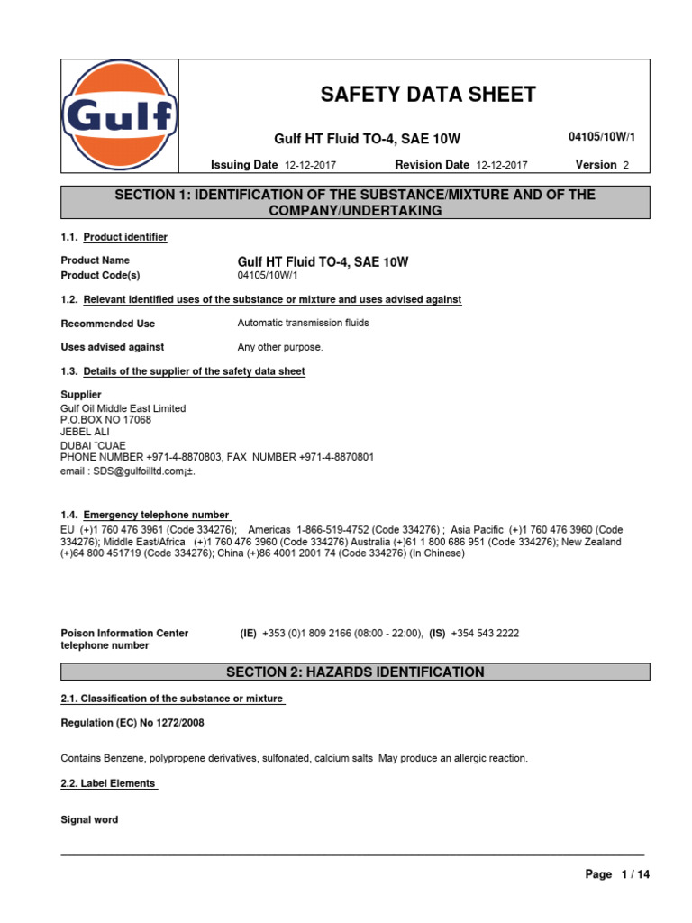 10w 1 Gulf HT Fluid To-4, Sae 10w g2 Sds en F | PDF | Personal Protective Equipment | Toxicity