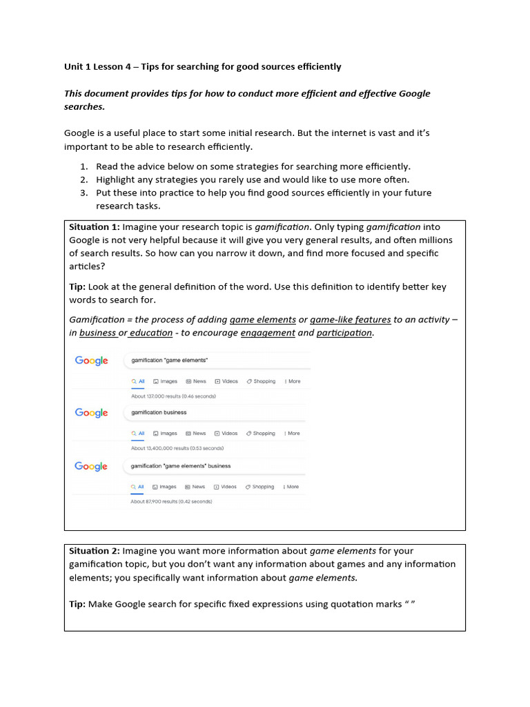 U1L4 - Tips For Searching For Good Sources Efficiently | PDF | Business