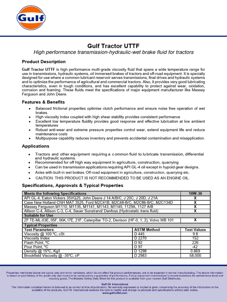Gulf Tractor Uttf 10W30 | PDF | Motor Oil | Lubricant