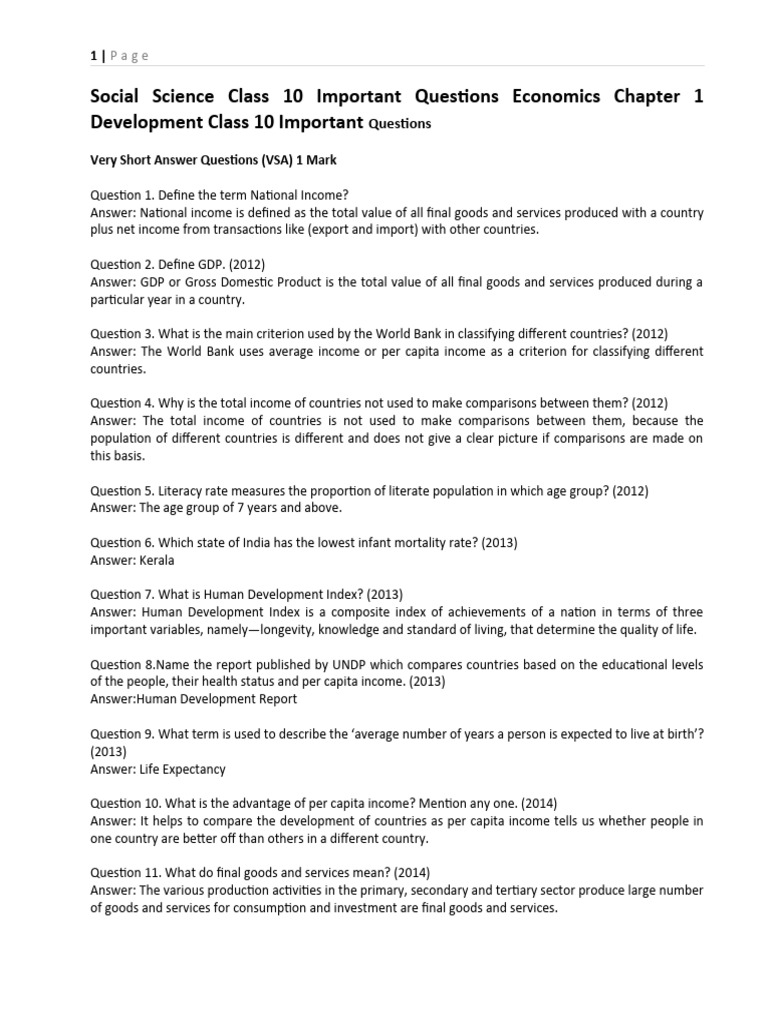 Class 10 Economics: Development Q&A | PDF | Human Development Index ...