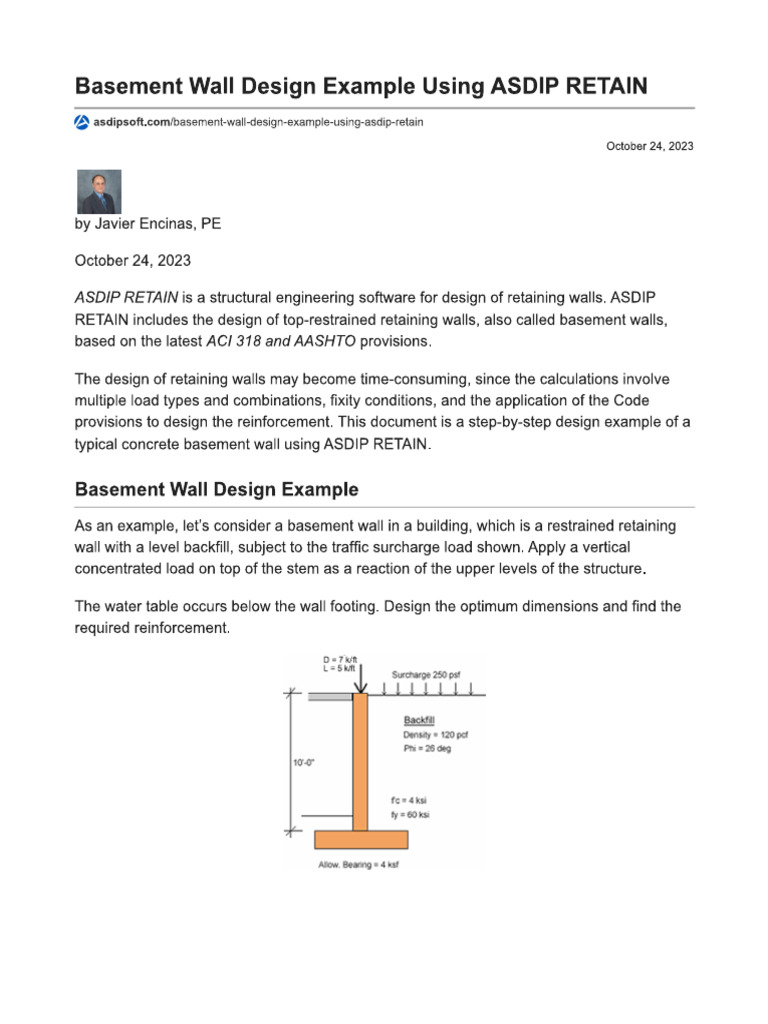 Basement Wall Design Example Using ASDIP RETAIN - Software | PDF Basement Wall Design Example Using ASDIP RETAIN - Software | PDF