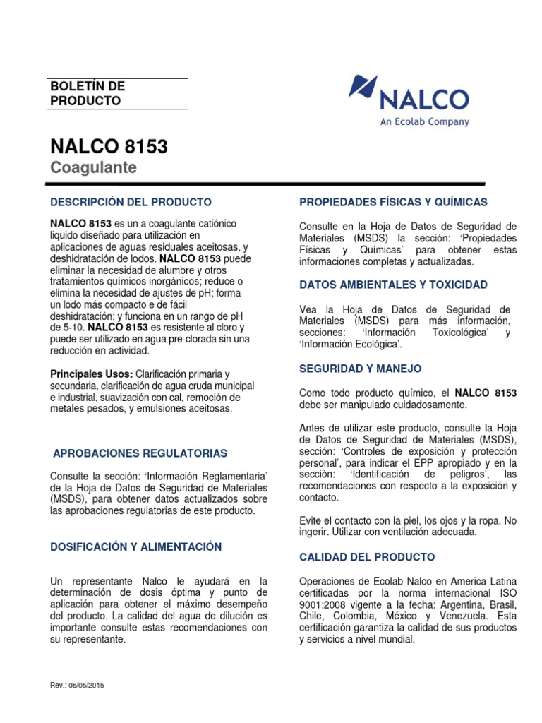 Nalco 8153 - FT | PDF | Agua | Química