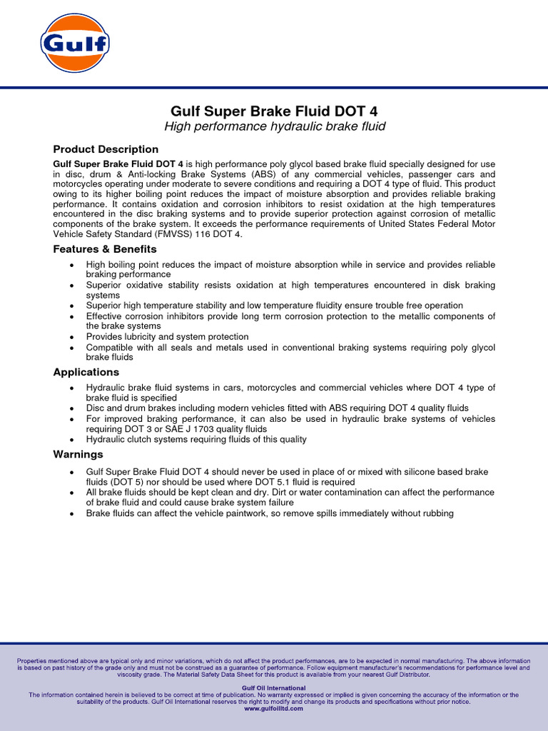 Gulf Super Brake Fluid DOT 4 Overview | PDF | Mechanical Engineering ...