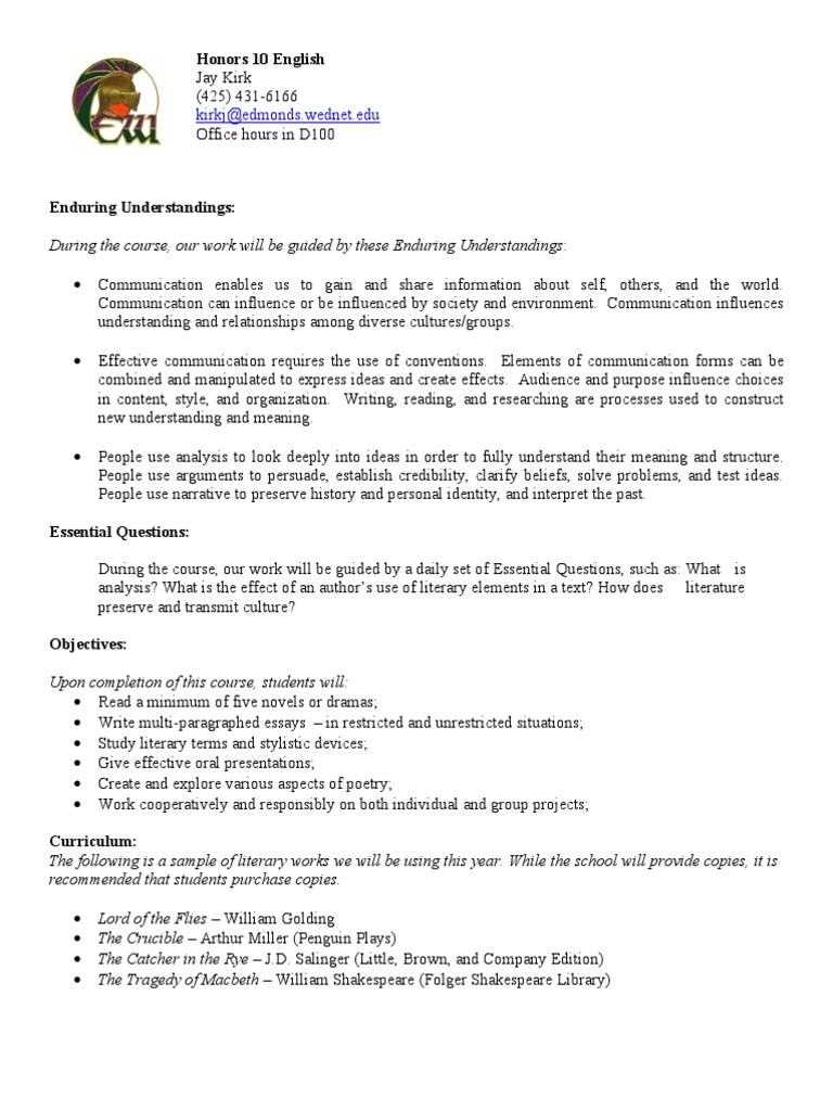 Honors 10 English Course Overview | PDF | Homework | Communication