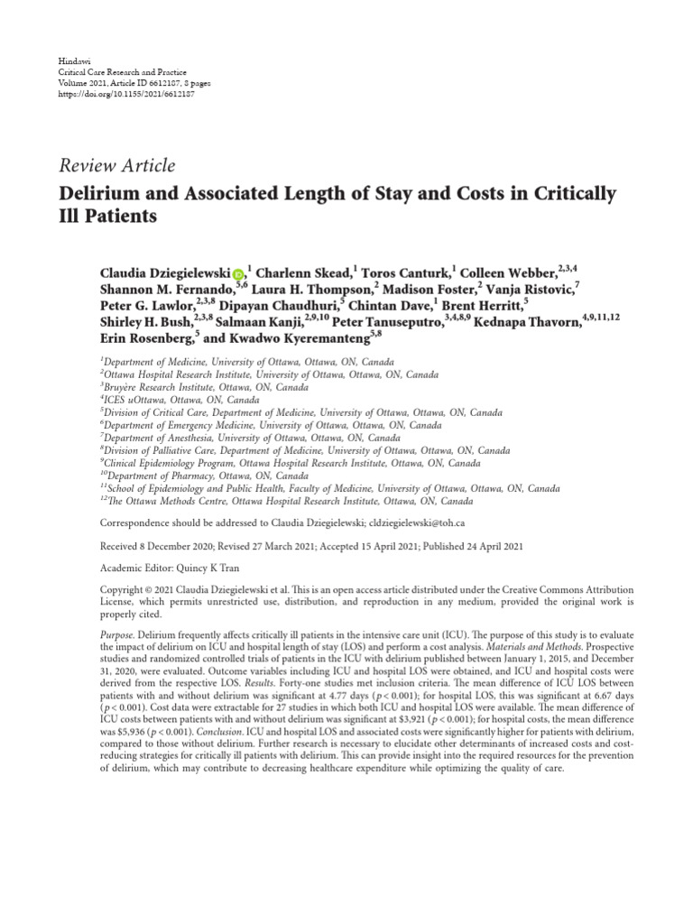 Delirium and Associated Length of Stay and Costs in Critically Ill ...