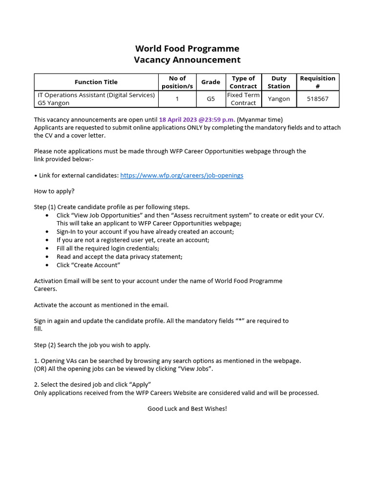 WFP IT Operations Assistant Vacancy | PDF
