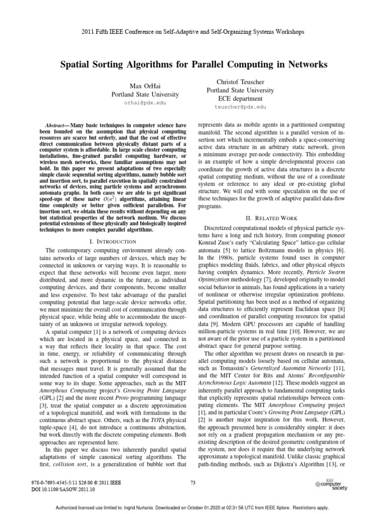 Spatial Sorting Algorithms For Parallel Computing in Networks | PDF | Parallel Computing | Computing