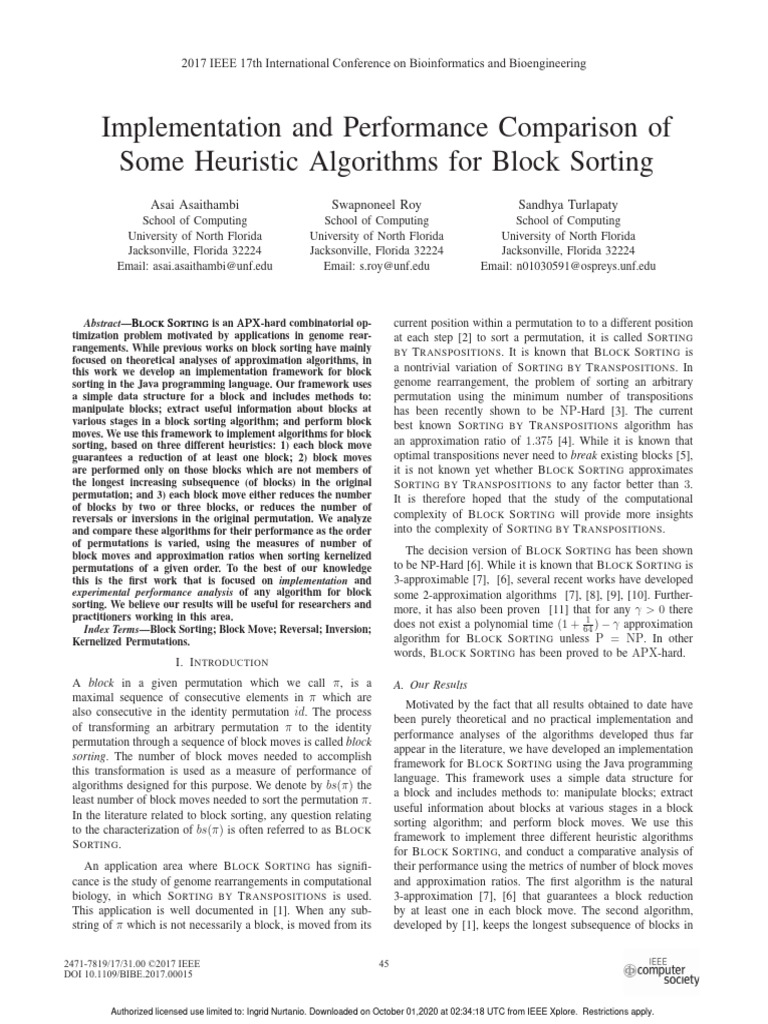 Implementation and Performance Comparison of Some Heuristic Algorithms For Block Sorting | PDF ...