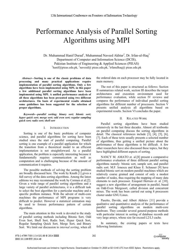Performance Analysis Of Parallel Sorting Algorithms Using Mpi Pdf Parallel Computing