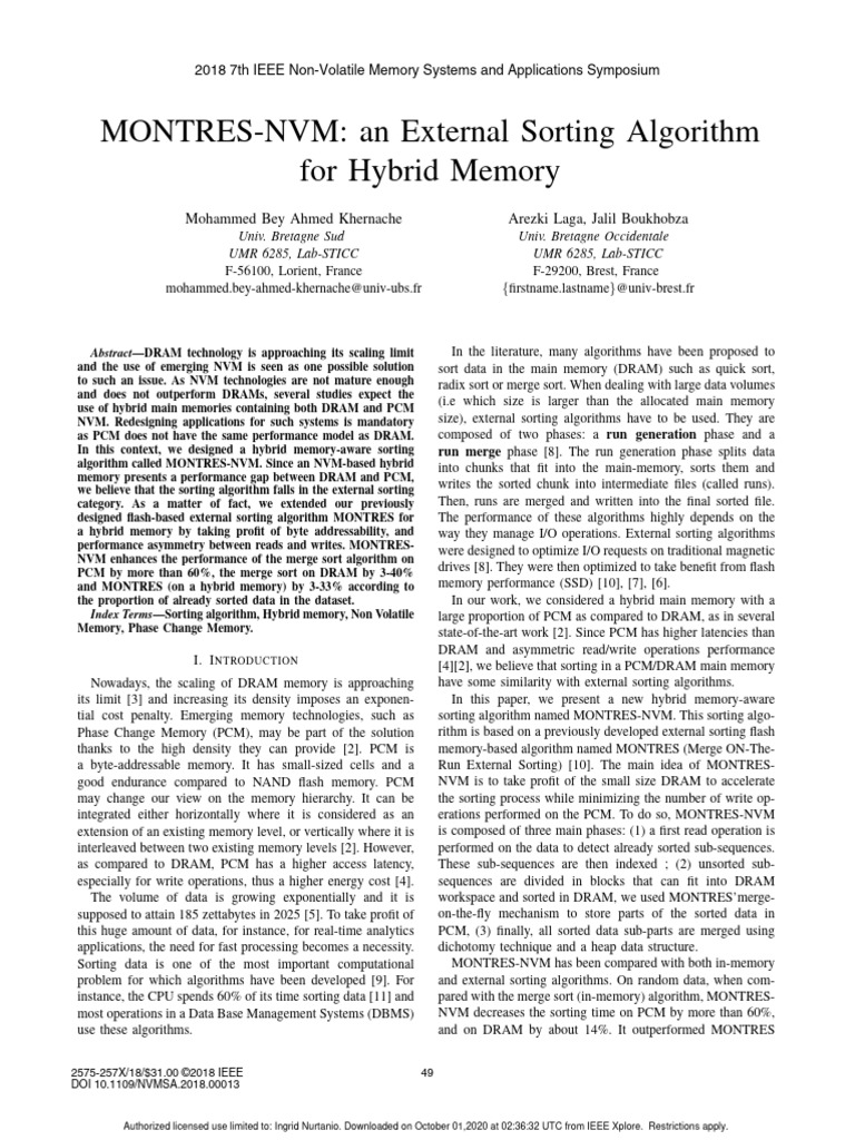 MONTRES-NVM: An External Sorting Algorithm For Hybrid Memory | PDF | Solid State Drive ...