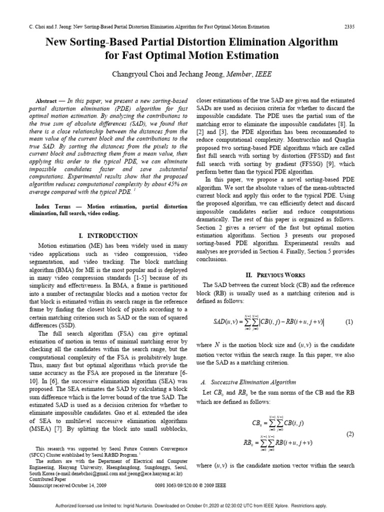 New Sorting-Based Partial Distortion Elimination Algorithm For Fast Optimal Motion Estimation | PDF
