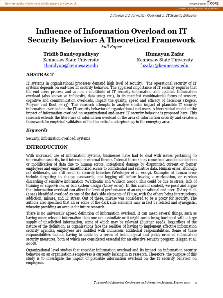 Influence of Information Overload On IT Security Behavior: A Theoretical Framework | PDF ...