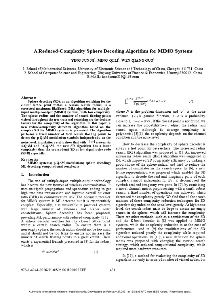 A Reduced Complexity Sphere Decoding Algorithm For Mimo Systems Pdf