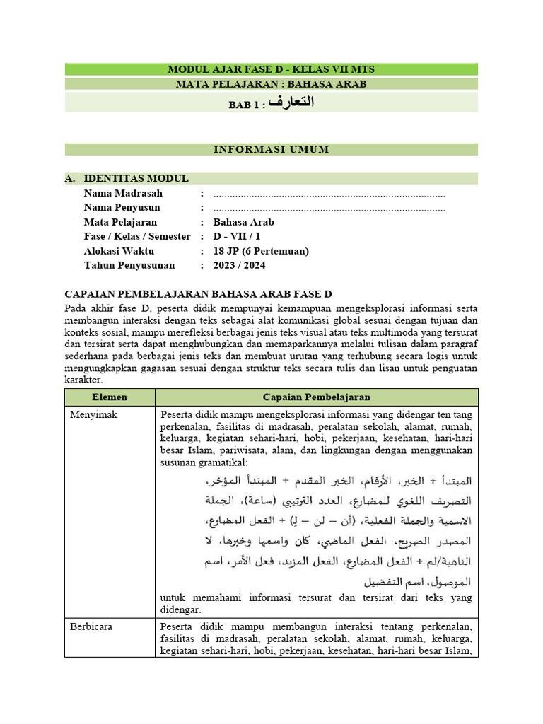 Modul Ajar Arab Bab 1 Pdf