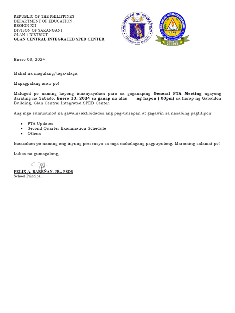 Pta Meeting Letter For Parents | PDF