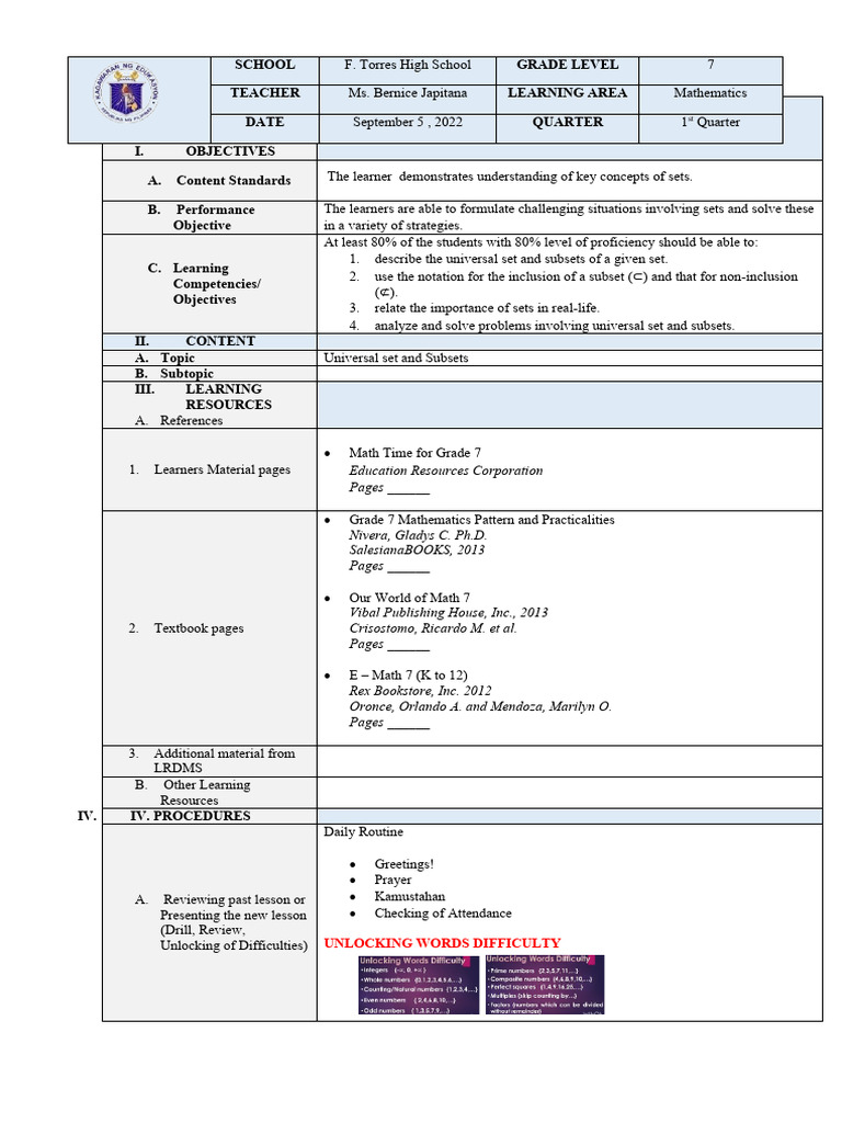 0905 - 7 - Q1 - Universal Sets and Subsets | PDF | Subset | Mathematics