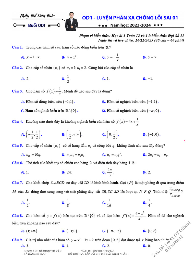 OD1 - Đề Luyện Phản Xạ - Chống Lỗi Sai số 01 | PDF
