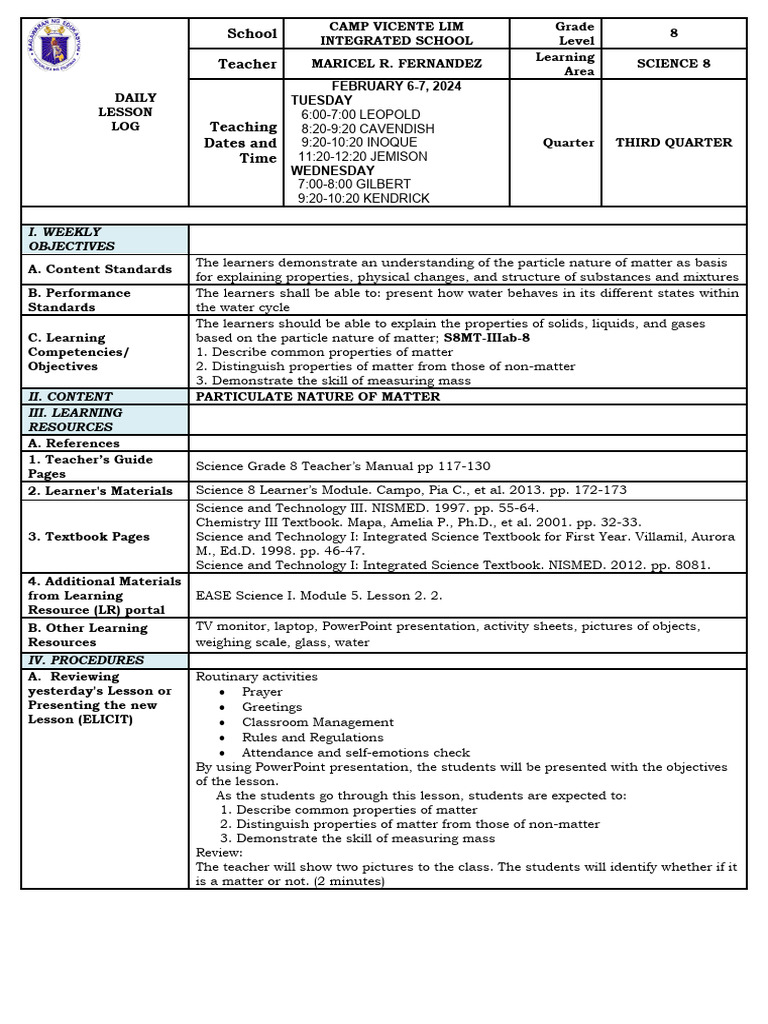 Q3 - Week 1 - Day 2 Properties of Matter | PDF | Matter | Learning