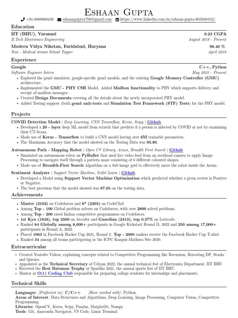 Eshaan Gupta: Software Engineer Intern at Google | PDF | Simulation | Computer Programming