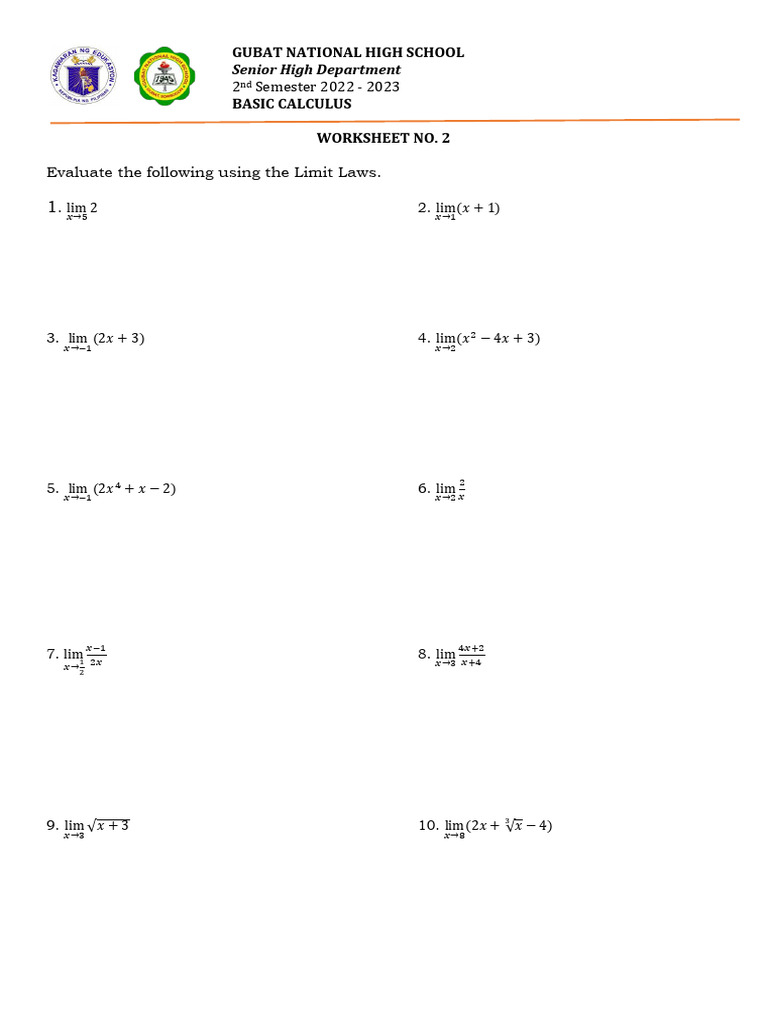 Worksheet 2 in Limit Laws | PDF