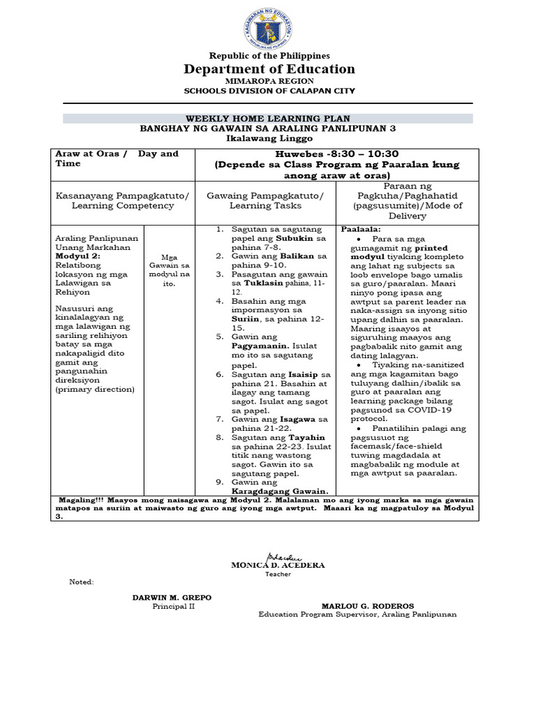 Weekly Home Learning Plan Module 2 Ap 3 | PDF